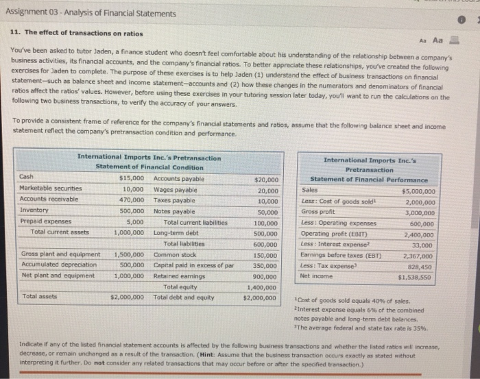 Solved Assignment 03 - Analysis of Financial Statements 11. | Chegg.com