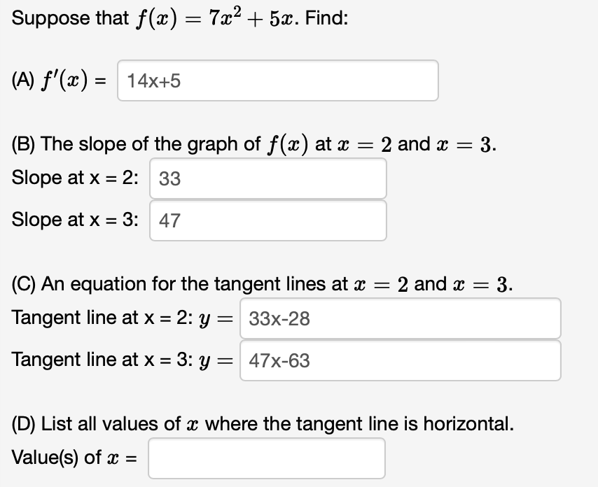 Suppose that f(x)=7x2+5x. ﻿Find:(A) f'(x)=(B) ﻿The | Chegg.com