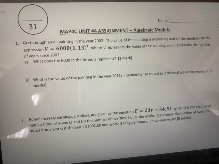 Solved Name: MAP4C UNIT #4 ASSIGNMENT - Algebraic Models 1. | Chegg.com