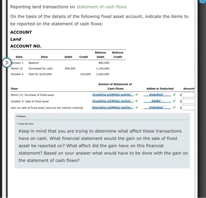 Solved Reporting land transactions on statement of cash | Chegg.com