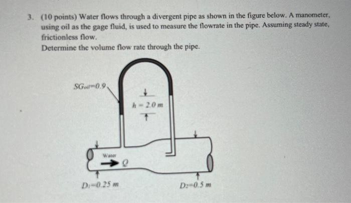 Solved 3. (10 points) Water flows through a divergent pipe | Chegg.com