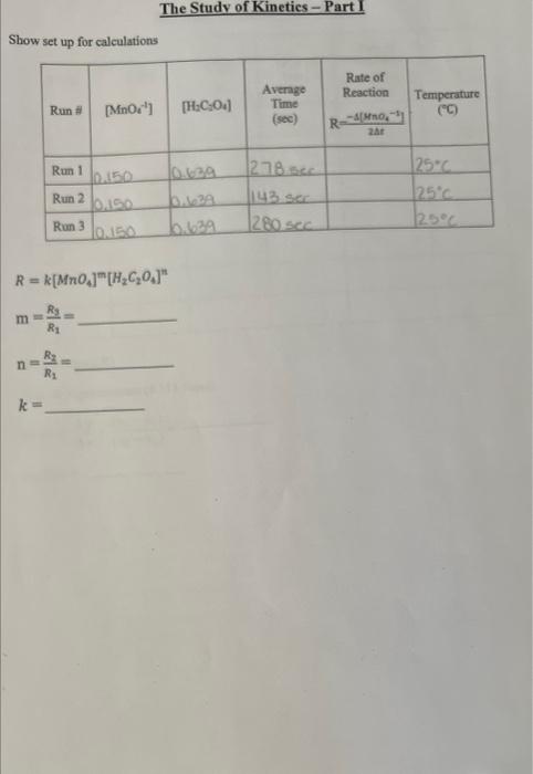 Solved The Study of Kinetics - Part I Show set up for | Chegg.com
