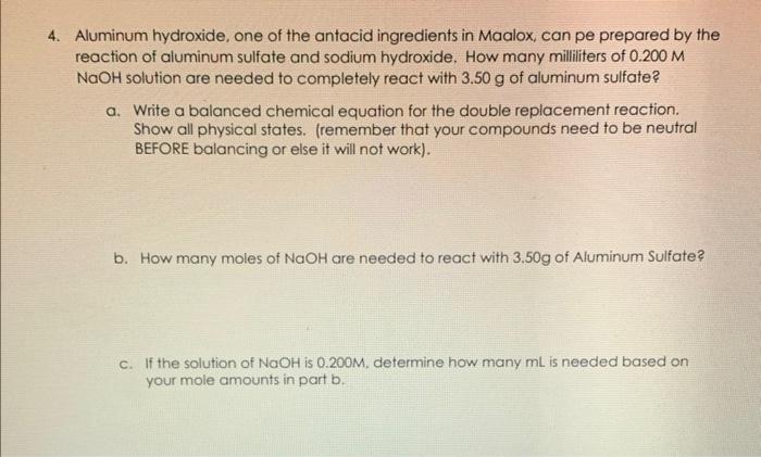 Solved Aluminum hydroxide, one of the antacid ingredients in | Chegg.com