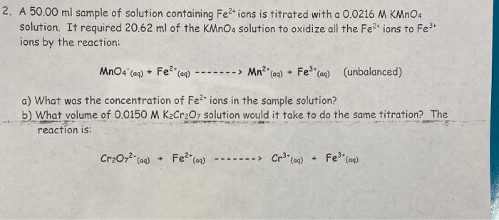 Solved 2. A 50.00 ml sample of solution containing Festions | Chegg.com