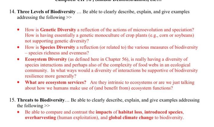 Solved 14. Three Levels of Biodiversity ... Be able to | Chegg.com