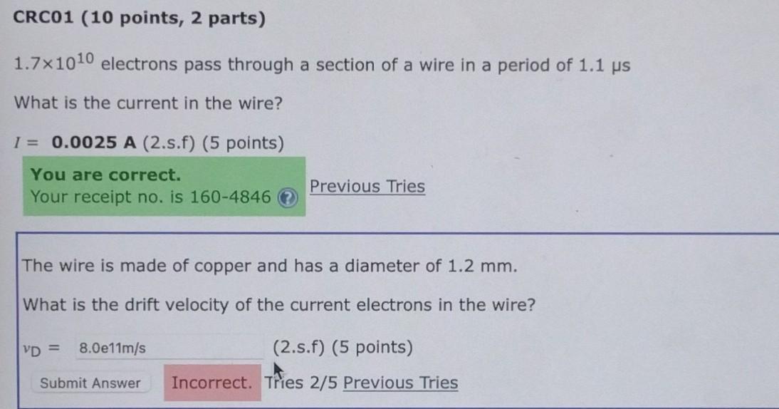 Solved CRC01 (10 points, 2 parts) 1.7×1010 electrons pass | Chegg.com