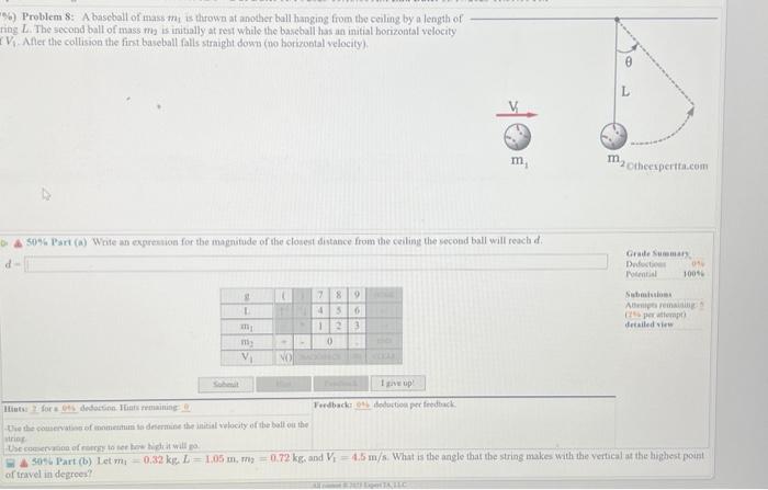 Solved \%) Problem 8 : A baseball of mass m1 is thrown at | Chegg.com