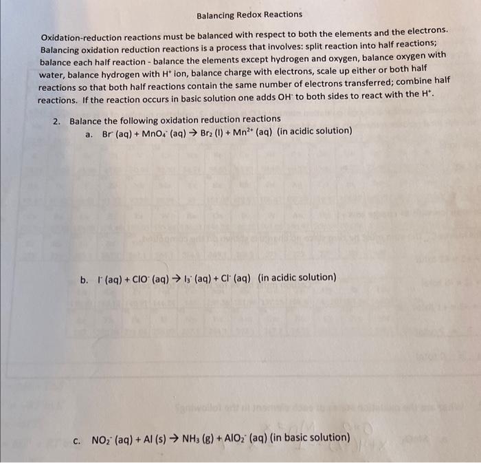 Solved Balancing Redox Reactions Oxidation-reduction | Chegg.com
