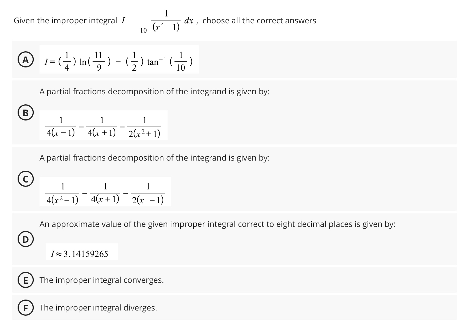 Given the improper integral , ﻿choose all the correct | Chegg.com
