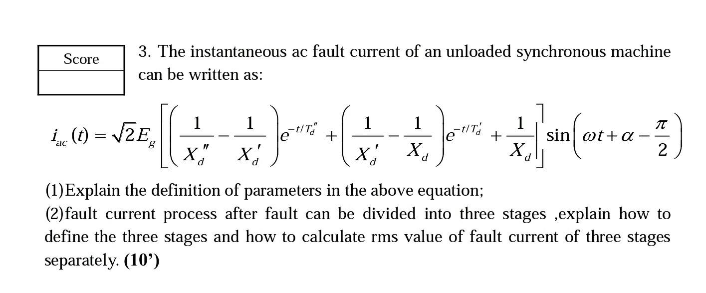 Solved Score 3. The instantaneous ac fault current of an | Chegg.com