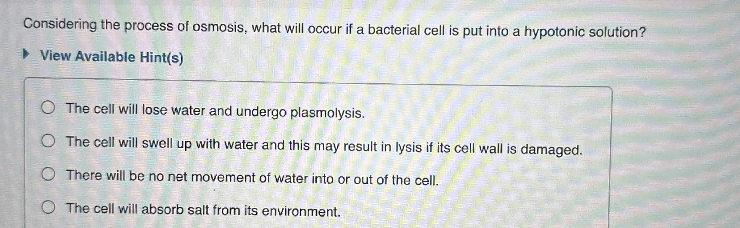 Solved Considering the process of osmosis, what will occur | Chegg.com