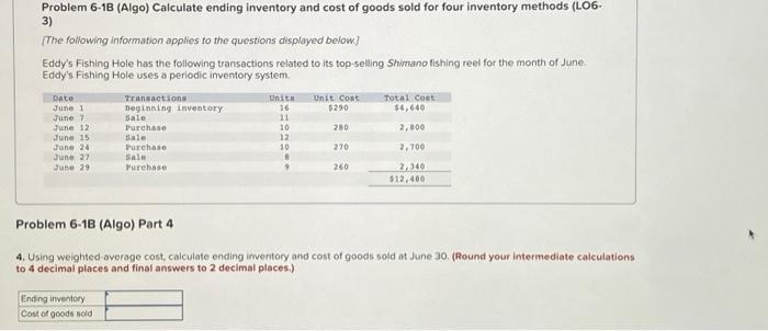 Solved Problem 6-1B (Algo) Calculate ending inventory and | Chegg.com