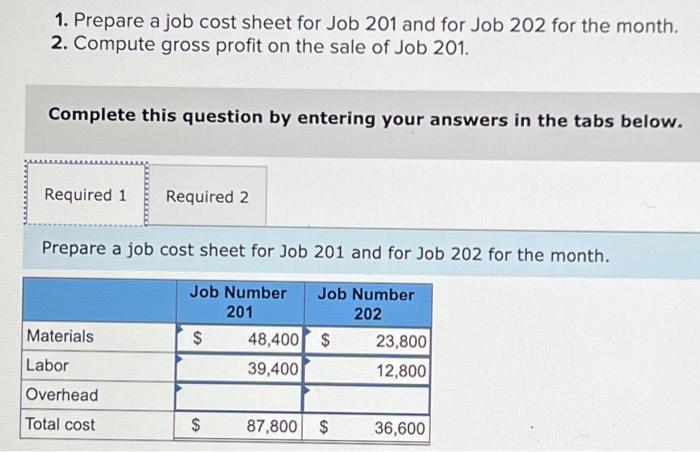 Solved 1. Prepare a job cost sheet for Job 201 and for Job | Chegg.com