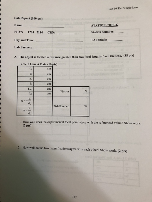 Lab 10 The Simple Lens Lab Report (100 pts) Name: | Chegg.com