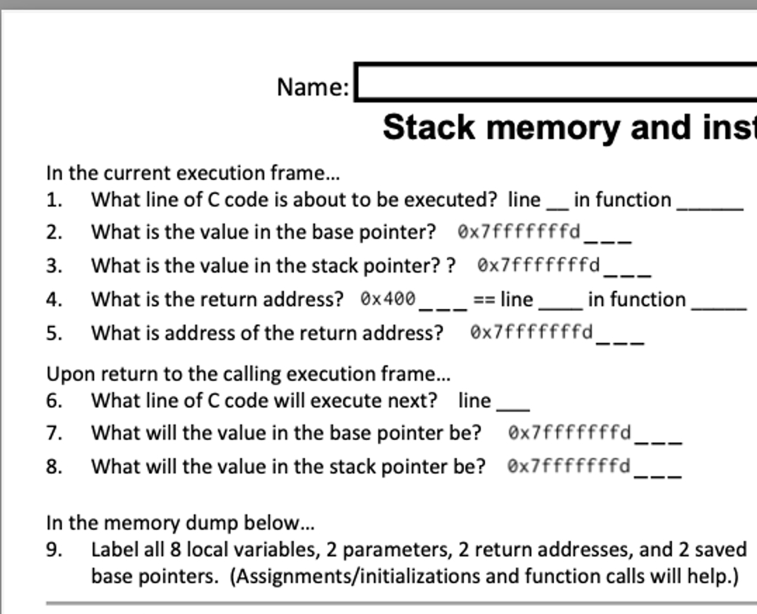 Solved Name:Stack memory and insIn the current execution | Chegg.com
