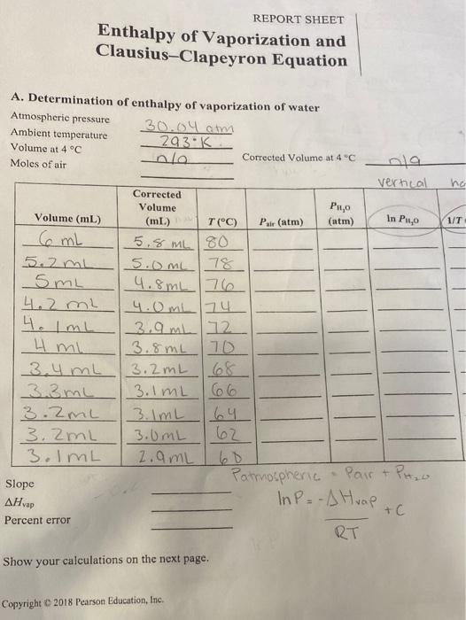 REPORT SHEET Enthalpy of Vaporization and | Chegg.com