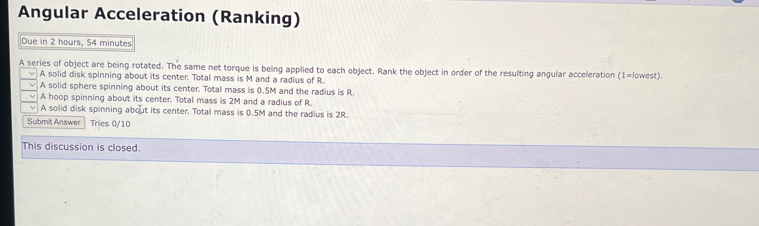 Solved Angular Acceleration (Ranking)Due in 2 ﻿hours, 54 | Chegg.com
