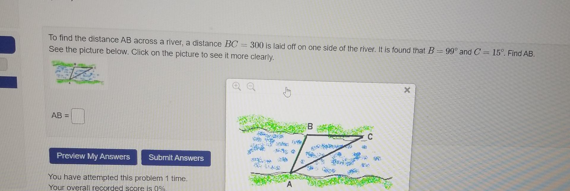 Solved To find the distance AB across a river, a distance BC | Chegg.com
