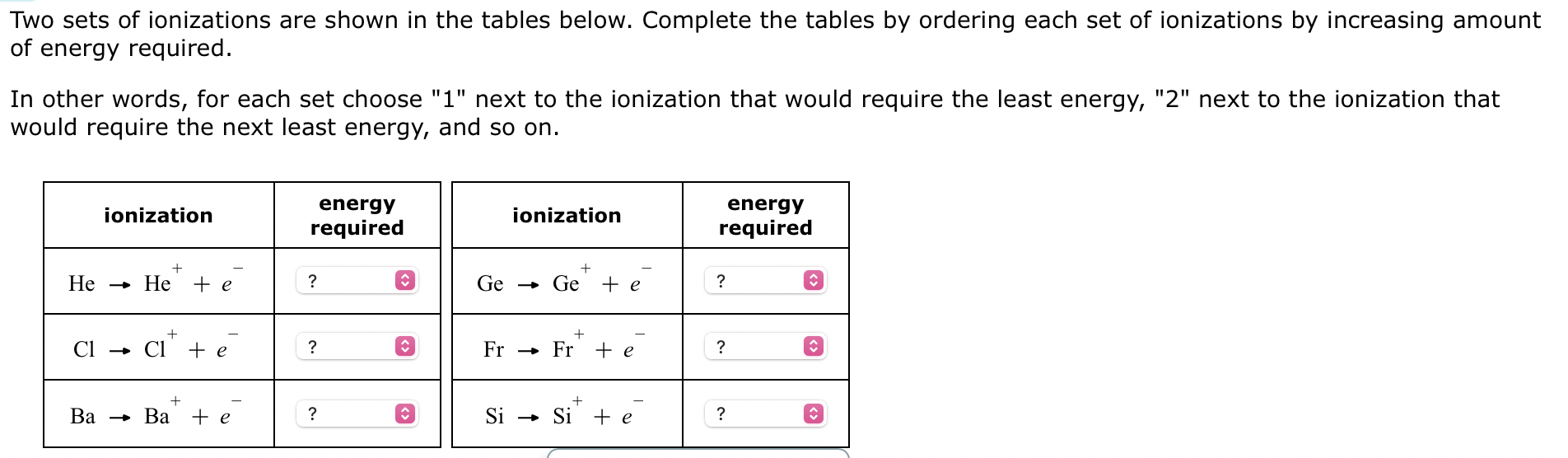 Solved Two sets of ionizations are shown in the tables | Chegg.com