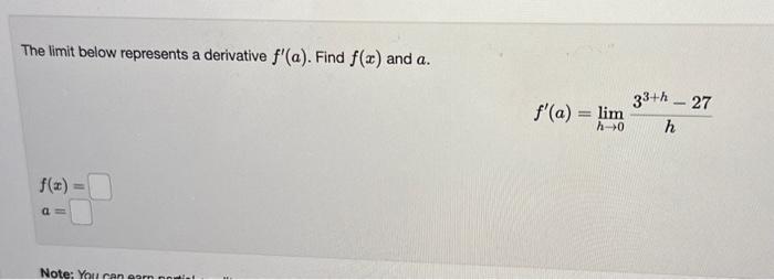 Solved The limit below represents a derivative f′(a). Find | Chegg.com