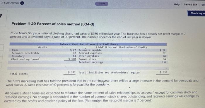 Solved Problem 4-29 Percent-of-sales method [LO4-3] Conn | Chegg.com