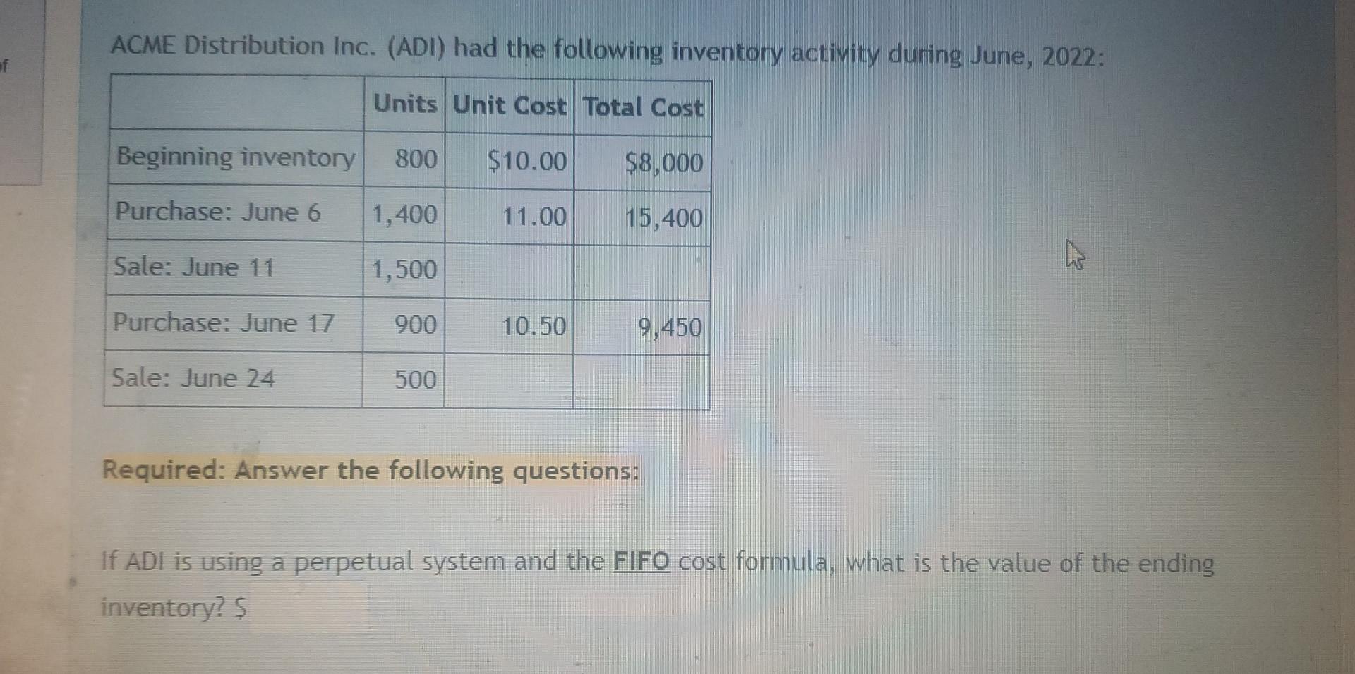 Solved of ACME Distribution Inc. (ADI) had the following | Chegg.com
