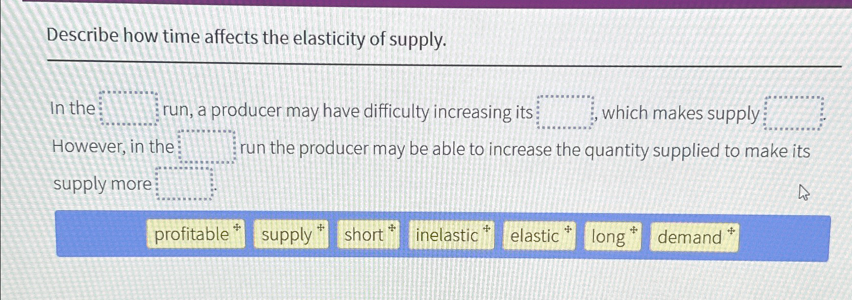 Solved Describe how time affects the elasticity of supply.In | Chegg.com