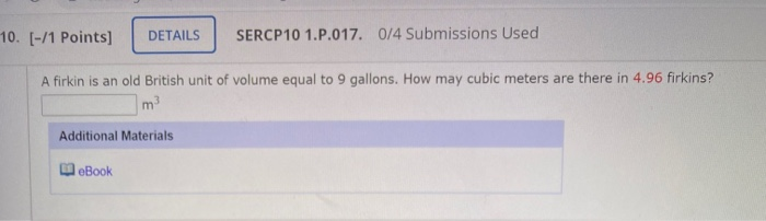 Solved 10. [-/1 Points) DETAILS SERCP10 1.P.017. 0/4 | Chegg.com Solved 10. [-/1 Points) DETAILS SERCP10 1.P.017. 0/4 | Chegg.com