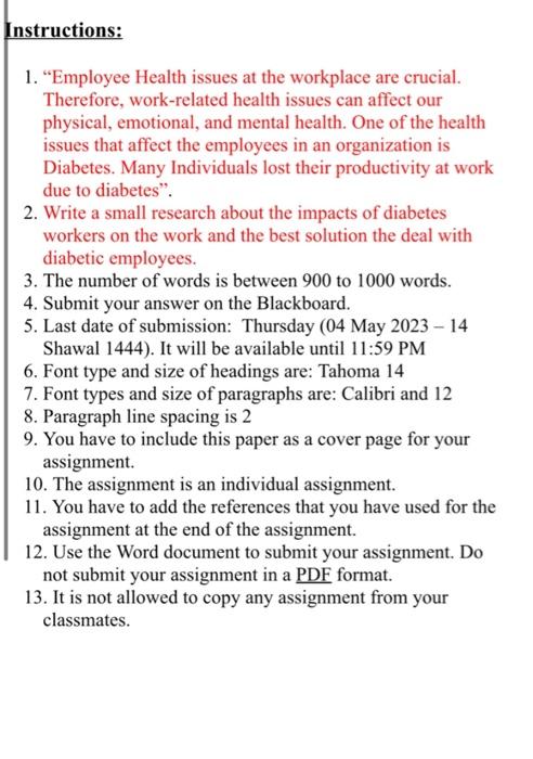 Solved nstructions: 1. "Employee Health issues at the | Chegg.com