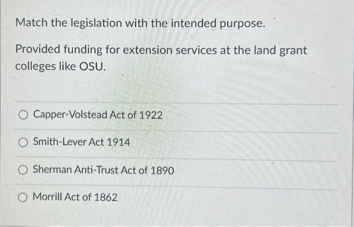 Solved Match the legislation with the intended purpose. | Chegg.com