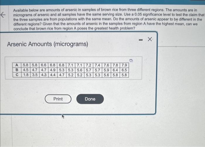 Solved Available below are amounts of arsenic in samples of | Chegg.com