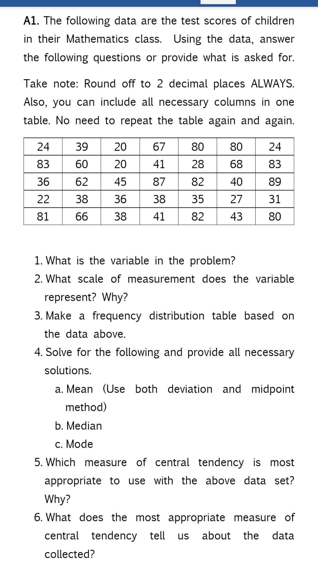 Solved A1. The following data are the test scores of | Chegg.com