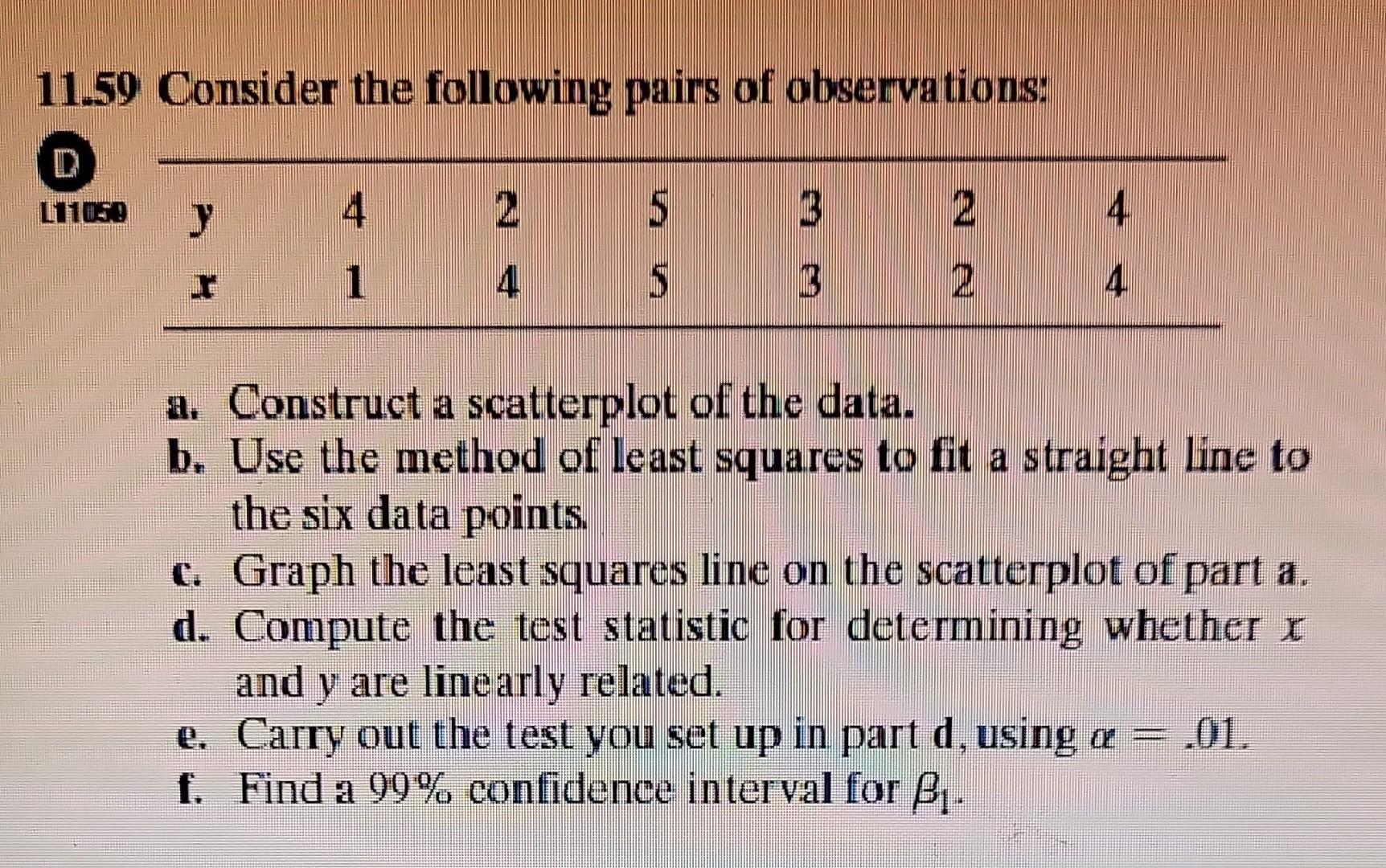 Solved 11.59 Consider the following pairs of observations: | Chegg.com