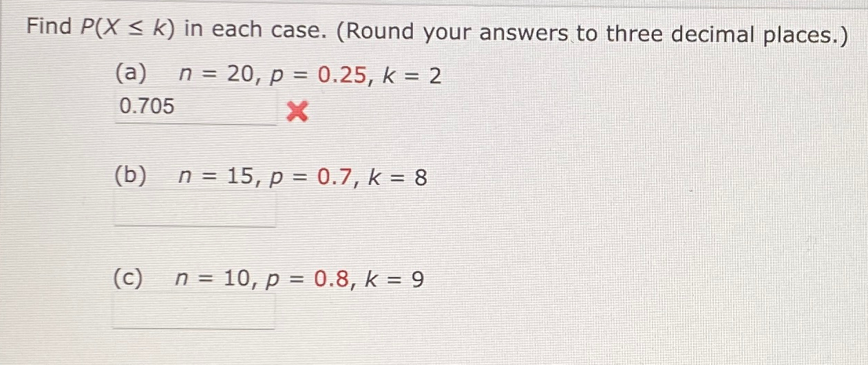 Solved Find P(x≤k) ﻿in each case. (Round your answers to | Chegg.com