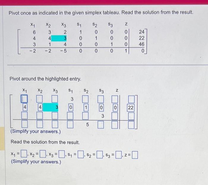 Pivot once as indicated in the given simplex tableau. | Chegg.com