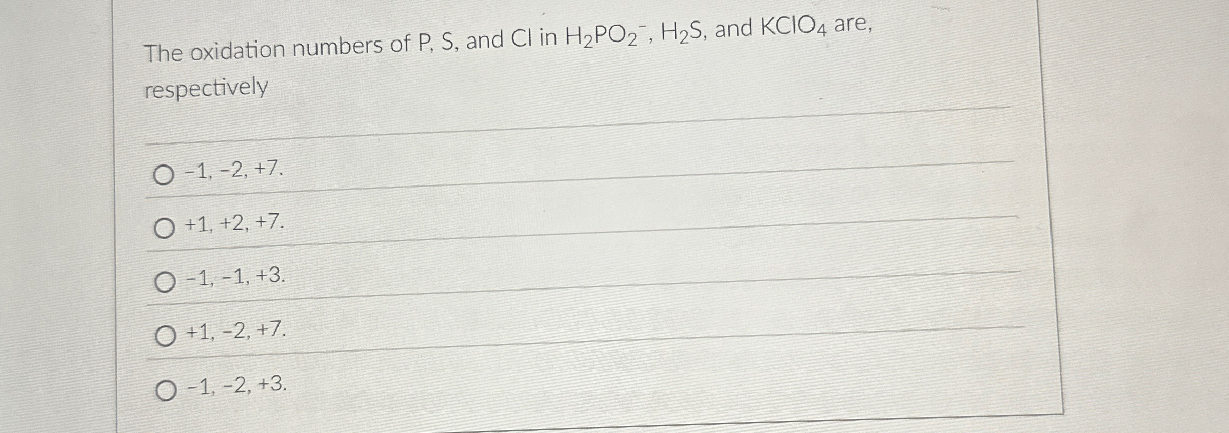 Solved The oxidation numbers of P,S, ﻿and Cl in H2PO2-,H2S, | Chegg.com