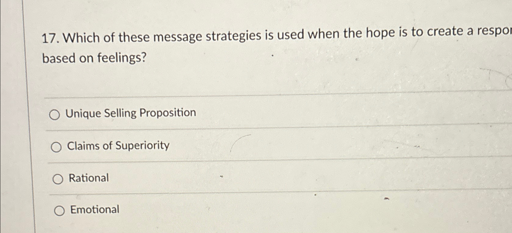 Solved Which of these message strategies is used when the | Chegg.com