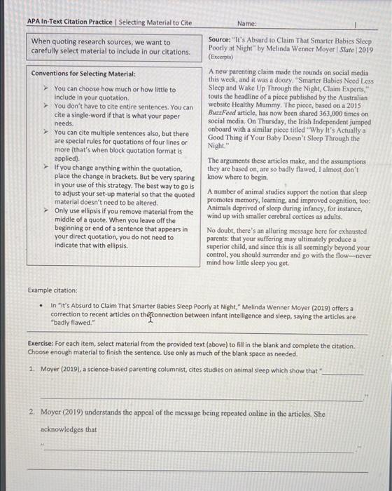 APA In-Text Citation Practice | Selecting Material to | Chegg.com