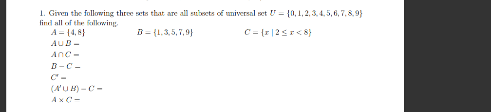 Solved Given the following three sets A={4,8}, | Chegg.com