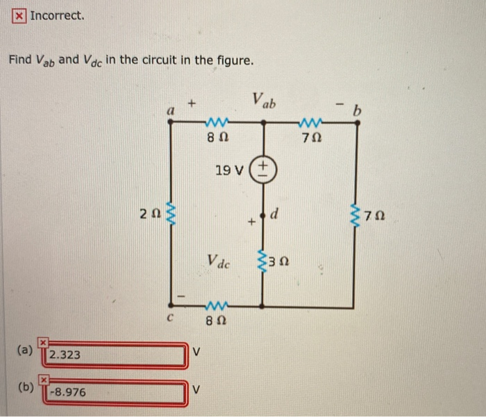 Solved X Incorrect. Find Vab and Vdc in the circuit in the | Chegg.com
