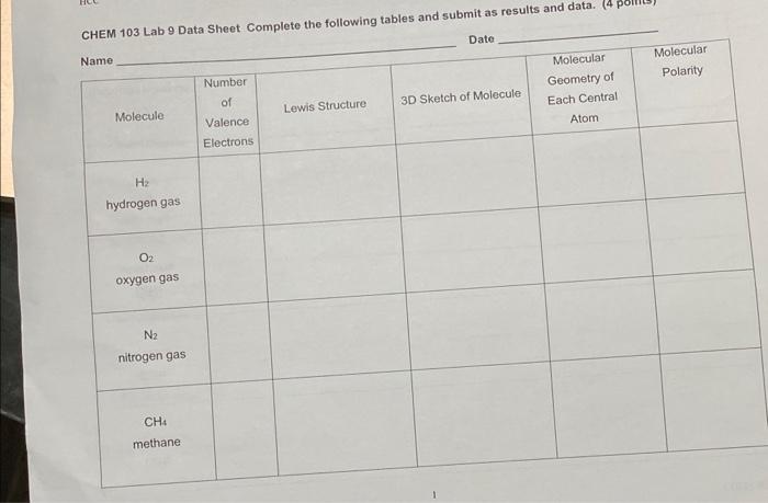 Solved CHEM 103 Lab 9 Data Sheet Complete the following | Chegg.com