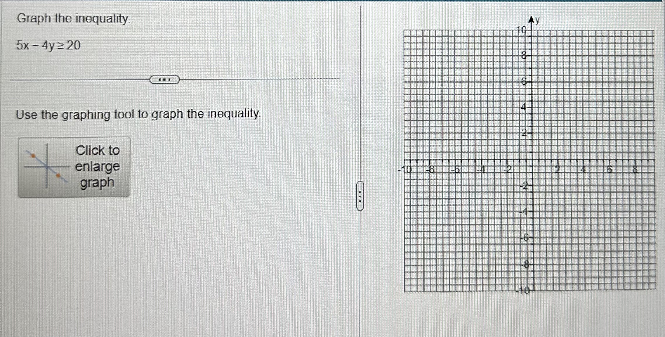 Solved Graph the inequality.5x-4y≥20Use the graphing tool to | Chegg.com