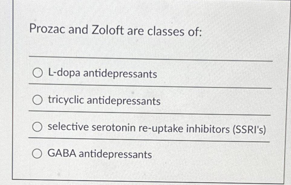 Solved Prozac and Zoloft are classes of:q,L-dopa | Chegg.com