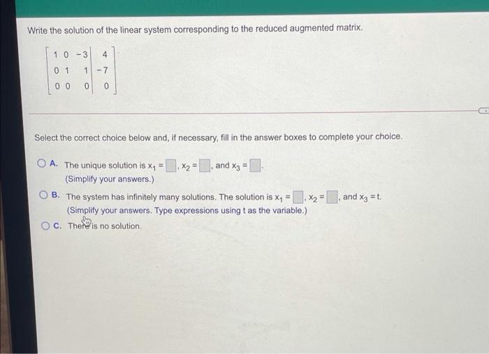Solved Write the solution of the linear system corresponding | Chegg.com