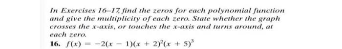 Solved In Exercises 16-17, find the zeros for each | Chegg.com