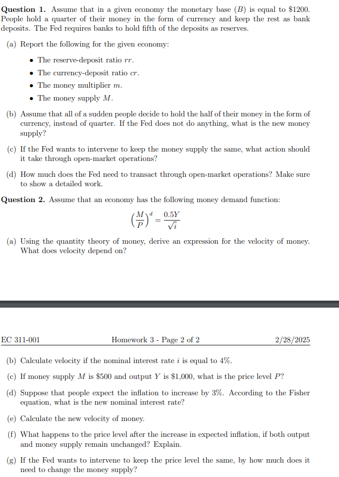 Solved (b) ﻿Calculate velocity if the nominal interest rate | Chegg.com