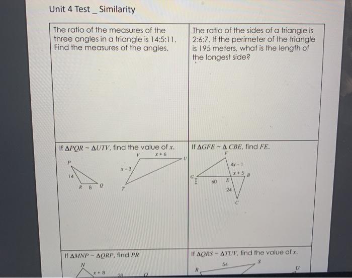 Solved Unit 4 Test _ Similarity The ratio of the measures of | Chegg.com
