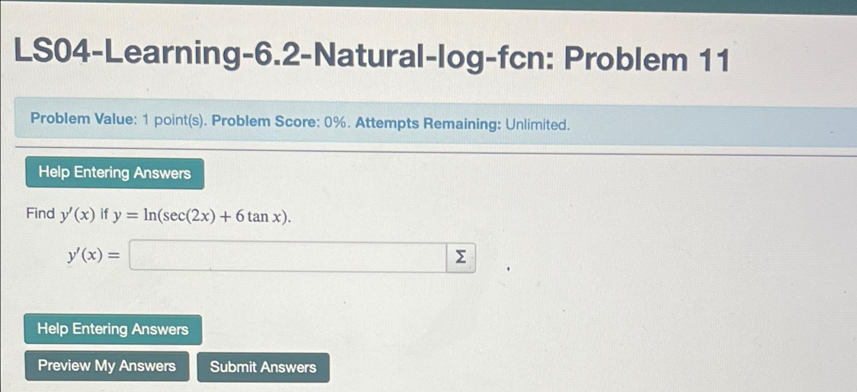 Solved LS04-Learning-6.2-Natural-log-fcn: Problem 11Problem | Chegg.com