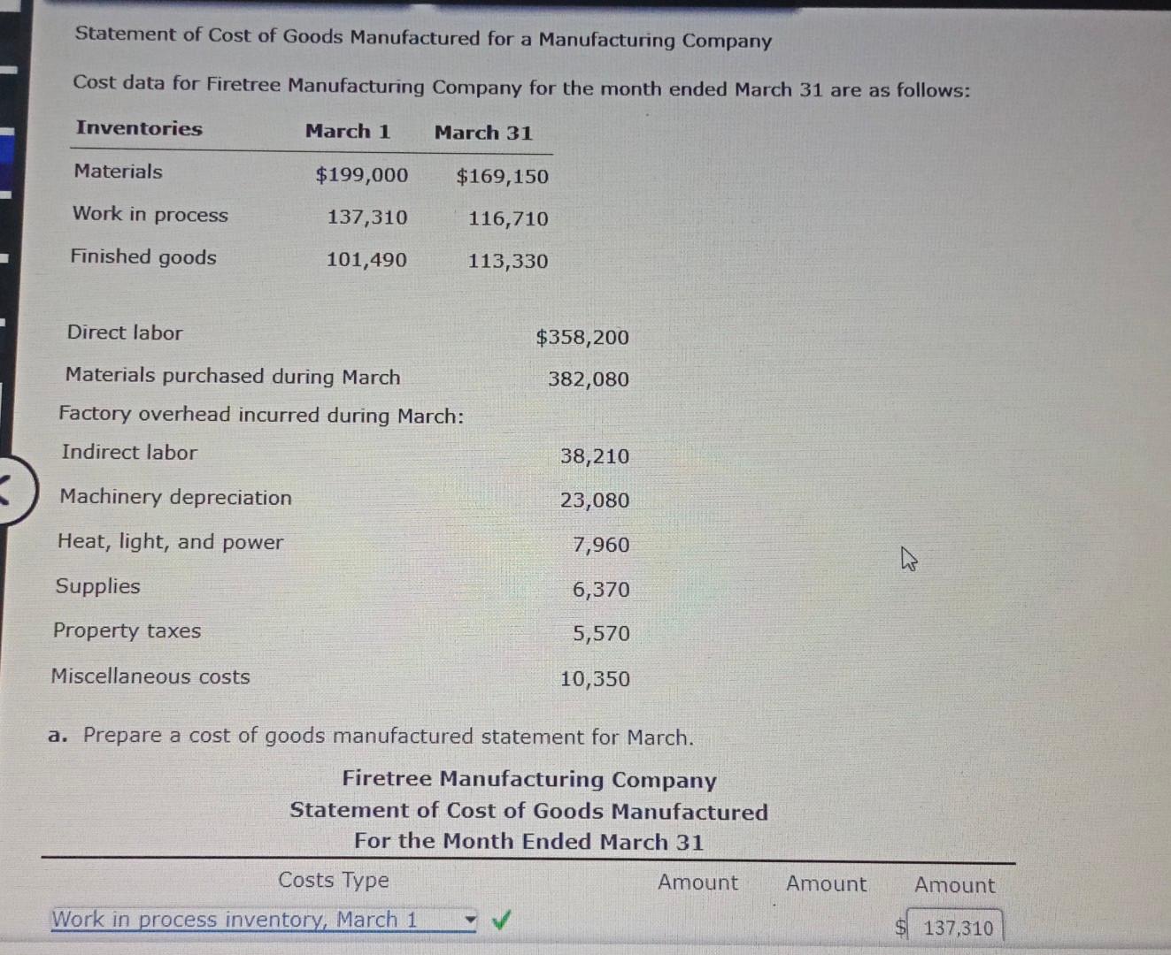 Solved Firetree Manufacturing Company Statement of Cost of | Chegg.com