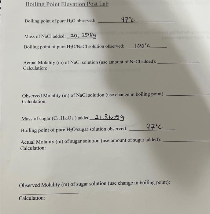 Solved Boiling point of pure H2O observed: 97∘C Mass of NaCl | Chegg.com